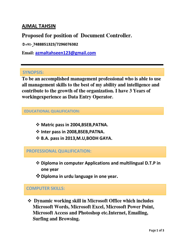 Ajmal Tahsin Proposed For Position of Document Controller: Synopsis | PDF