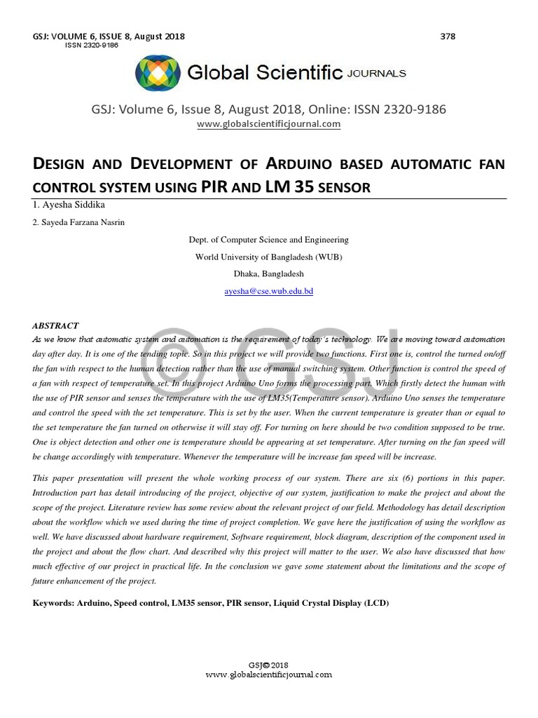 Design And Development Of Arduino Based Automatic Fan Control System Using Pir And Lm 35 Sensor 5974