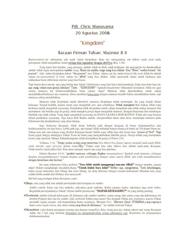 "Kingdom": Pdt. Chris Manusama 20 Agustus 200 | PDF | Politik | Agama ...