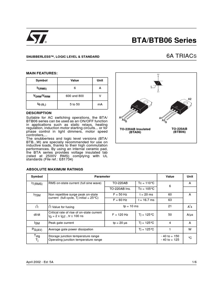 BTA/BTB06 Series: 6A Triac | PDF | Root Mean Square | Electrical Equipment