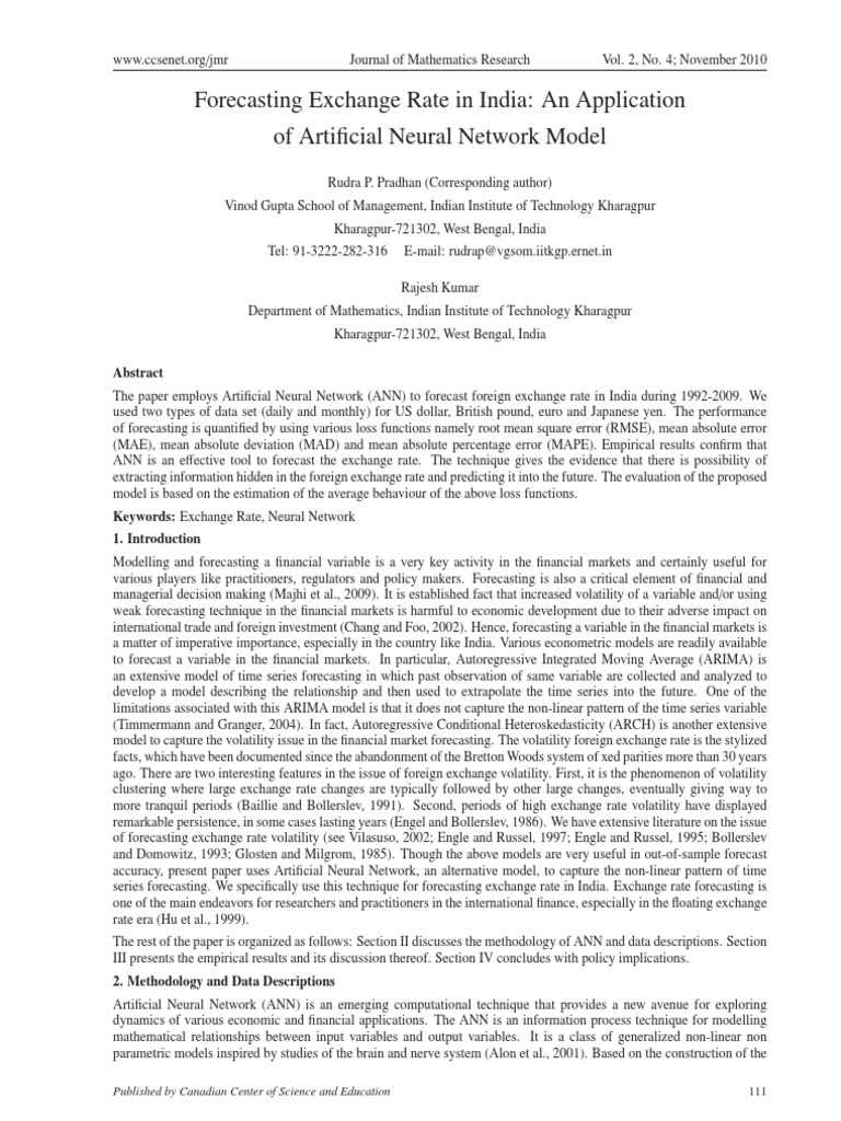 Forecasting Exchange Rate in India: An Application of Artificial Neural Network Model | PDF ...