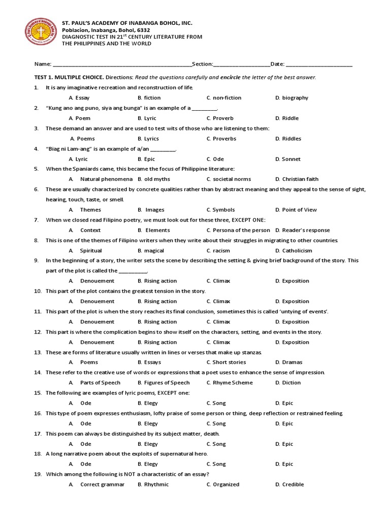 Diagnostic Test in 21st Century Literature | PDF | Poetry | Epic Poetry