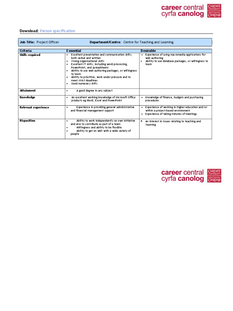 Project Officer Person Specification | PDF | Career & Growth