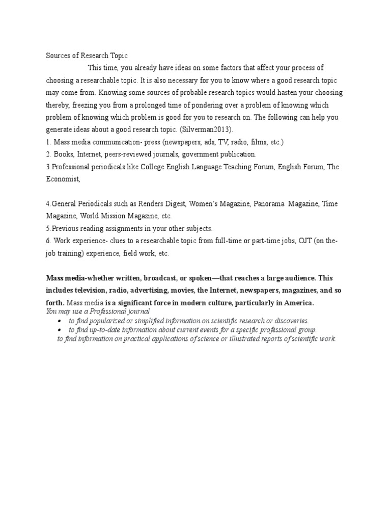 Sources for Choosing Research Topics | PDF
