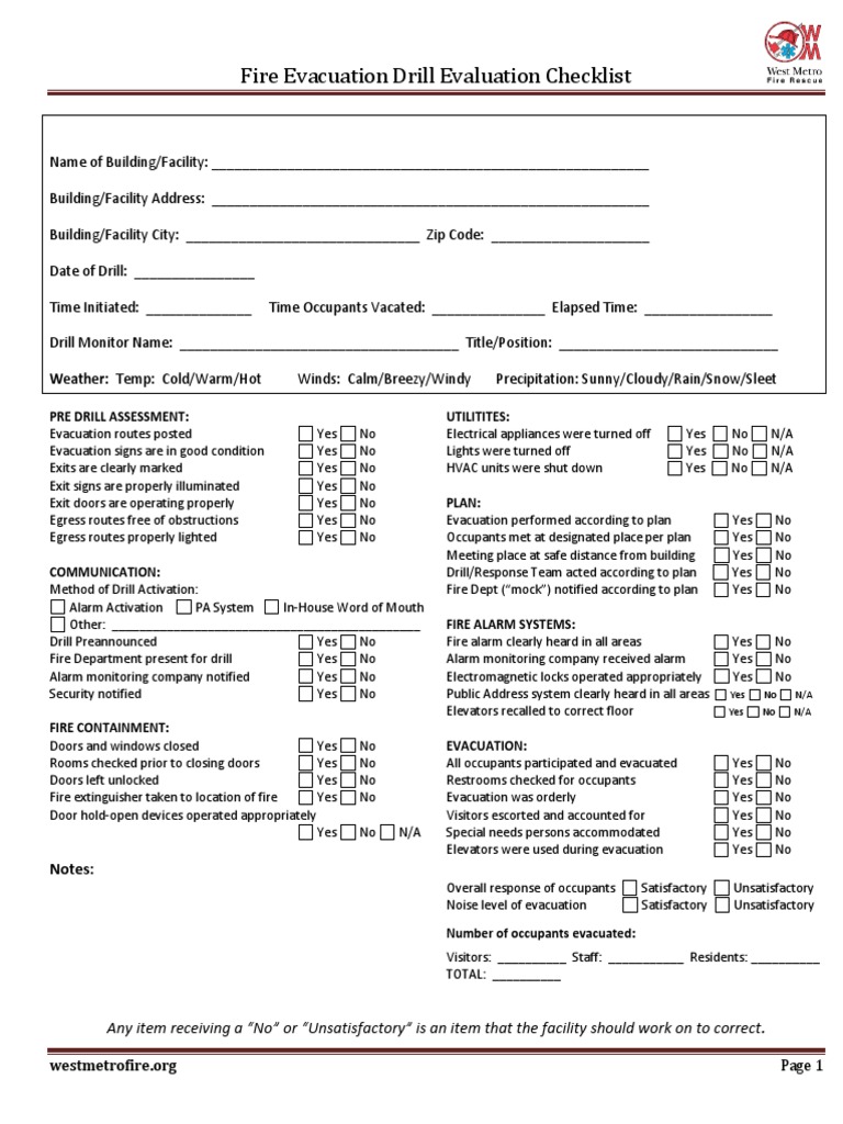 Fire Evacuation Drill Evaluation Checklist | PDF | Emergency Evacuation ...