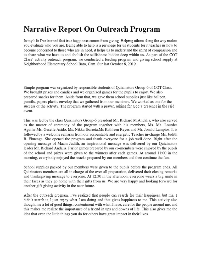 A Narrative Report On Outreach Program Essay 1 | PDF
