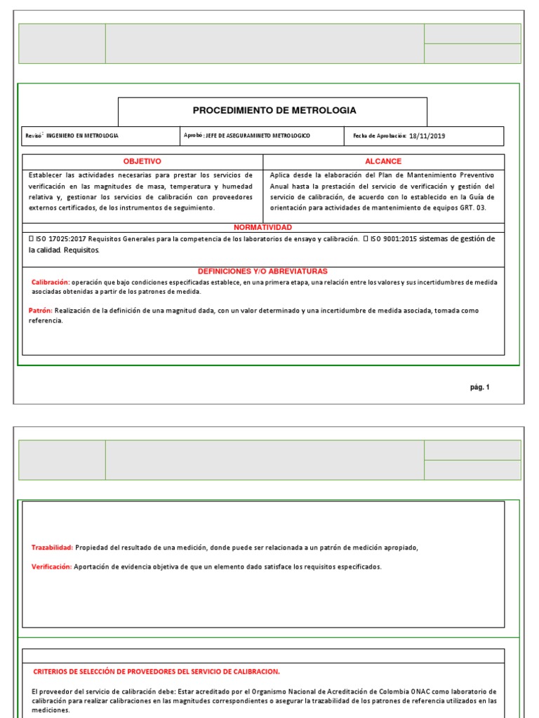 Procedimiento De Trazabilidad Metrologica Calibración Metrología
