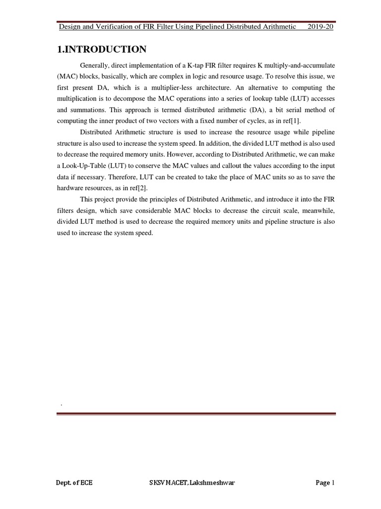 Design and Verification of FIR Filter Using Pipelined Distributed Arithmetic 2019-20 | PDF ...