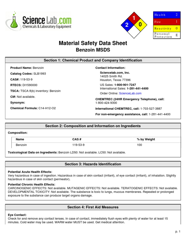 Benzoin MSDS: Section 1: Chemical Product and Company Identification ...