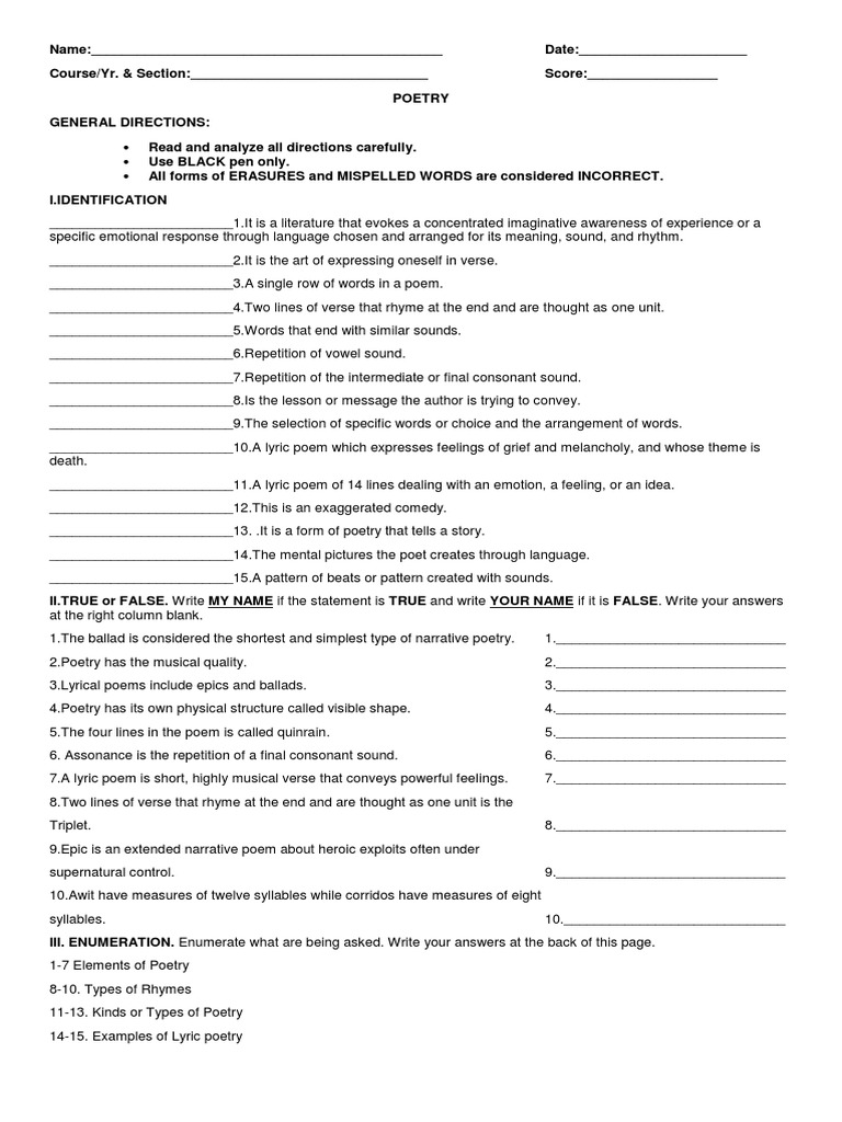 Poetry Quiz | PDF | Rhyme | Poetry