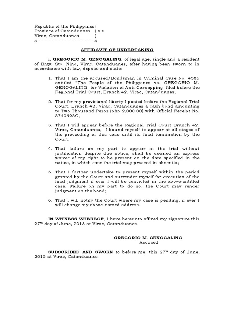 Affidavit of Undertaking for Bail | PDF