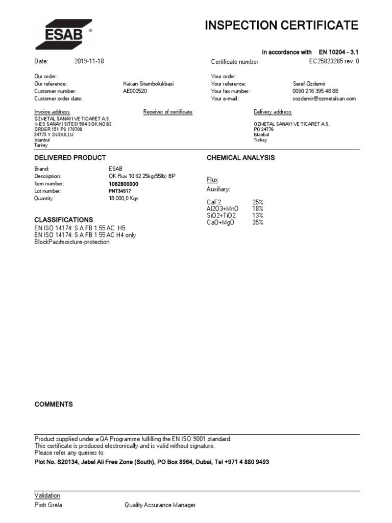 Inspection Certificate: in Accordance With EN 10204 - 3.1 | PDF ...