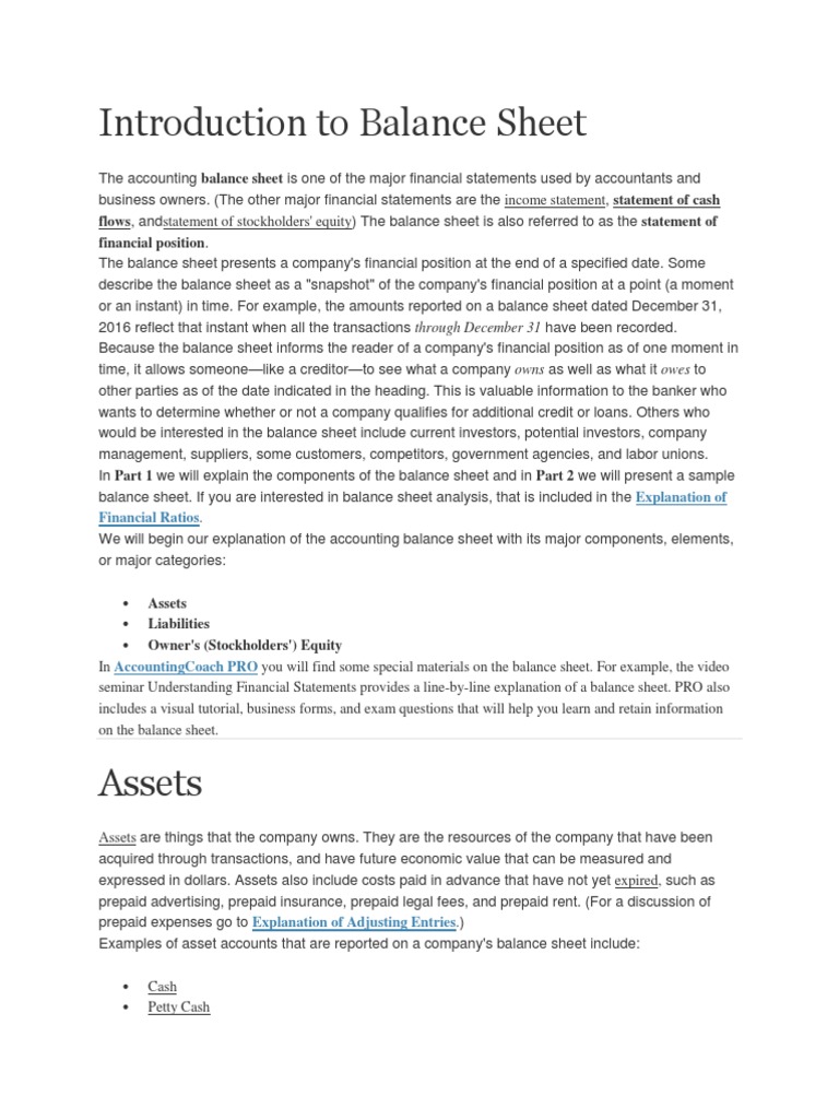 Introduction To Balance Sheet | PDF | Debits And Credits | Balance Sheet