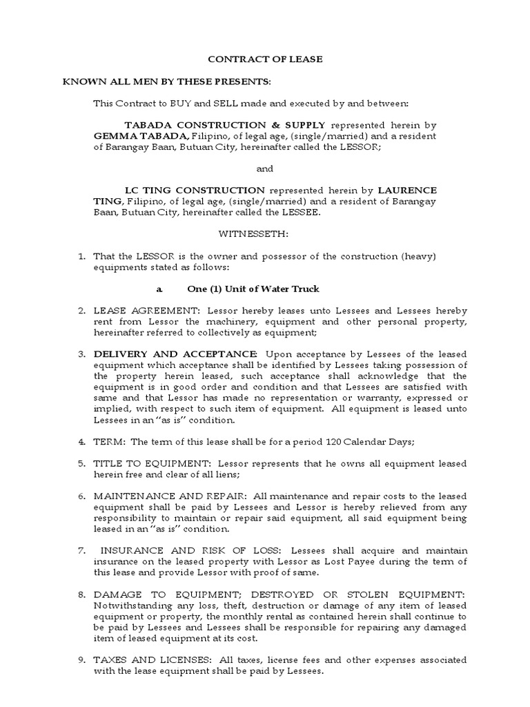 Construction Equipment Lease Agreement | PDF | Lease | Indemnity