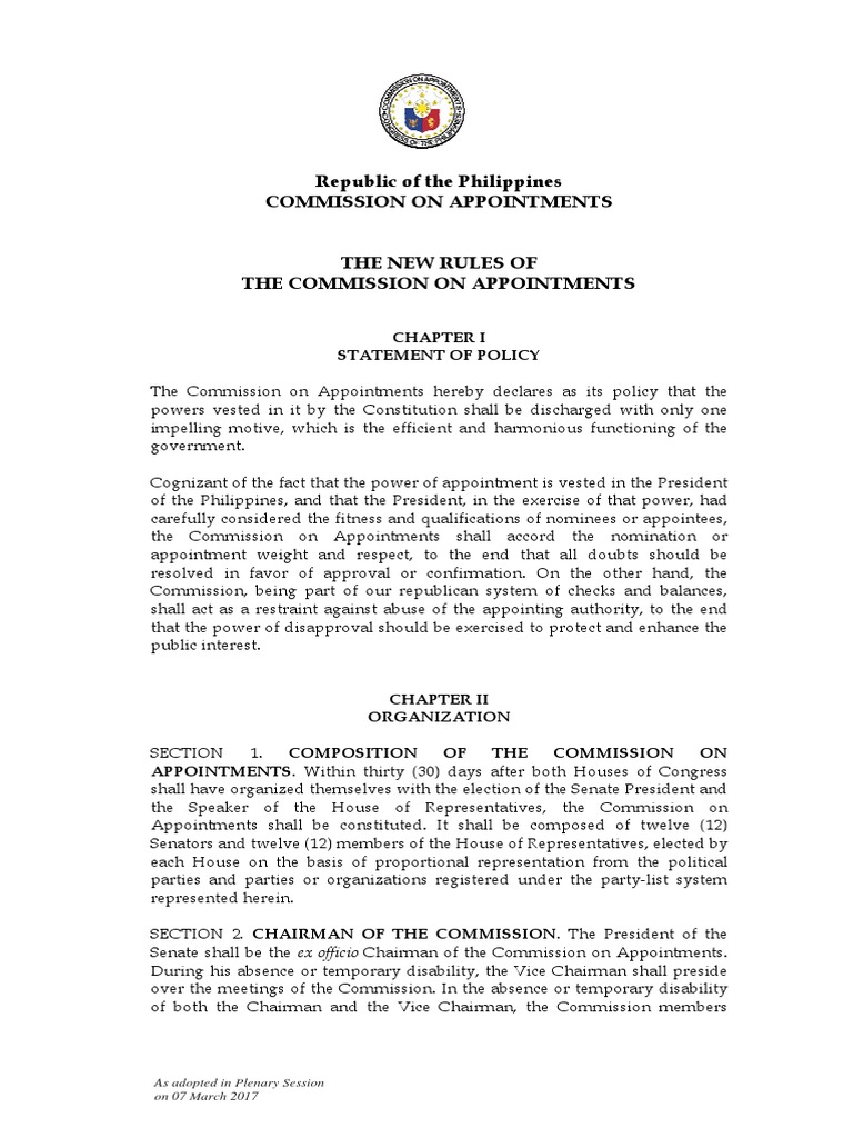 Republic of The Philippines Commission On Appointments | PDF | Quorum ...