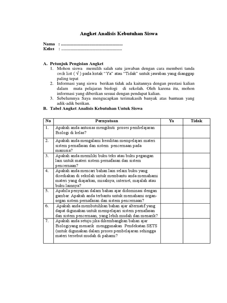 Angket Analisis Kebutuhan Siswa | PDF | Karier & Perkembangan | Kesehatan Holistik