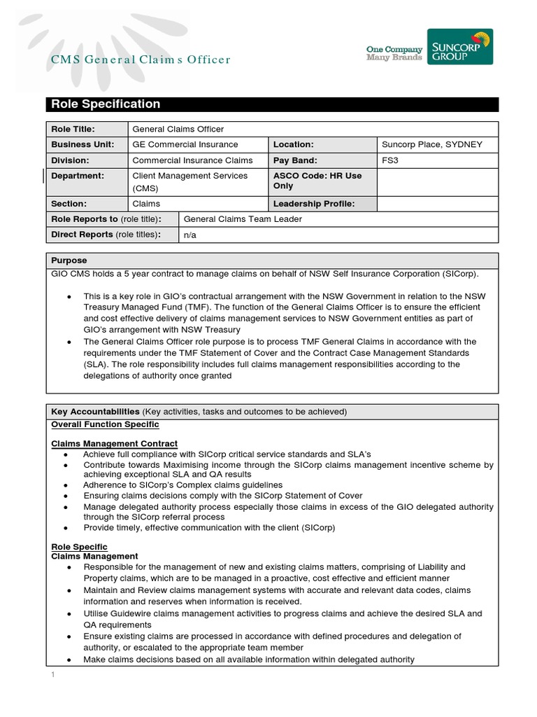 Role Specification: CMS General Claims Officer | Download Free PDF ...