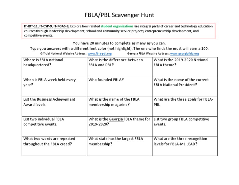 Fbla-Pbl Scavenger Hunt | PDF