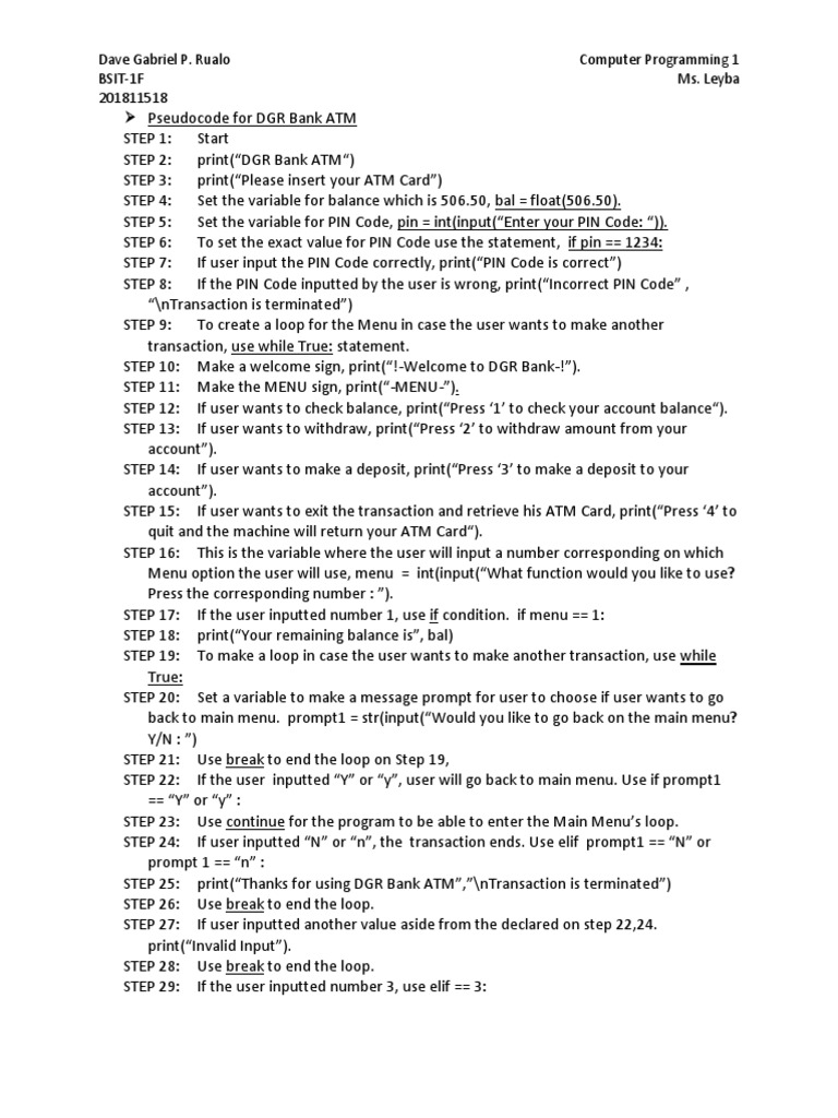 Pseudocode for DGR Bank ATM System | PDF | Personal Identification ...