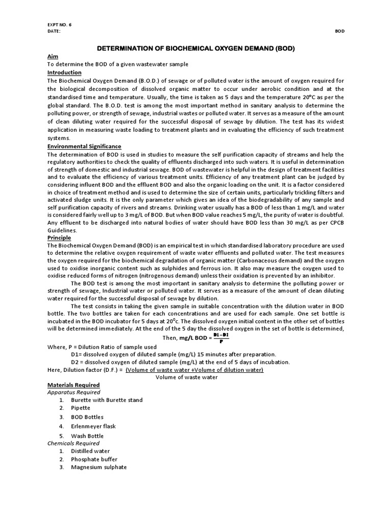Determination of Biochemical Oxygen Demand (Bod) Aim: Expt No. 6 Date ...