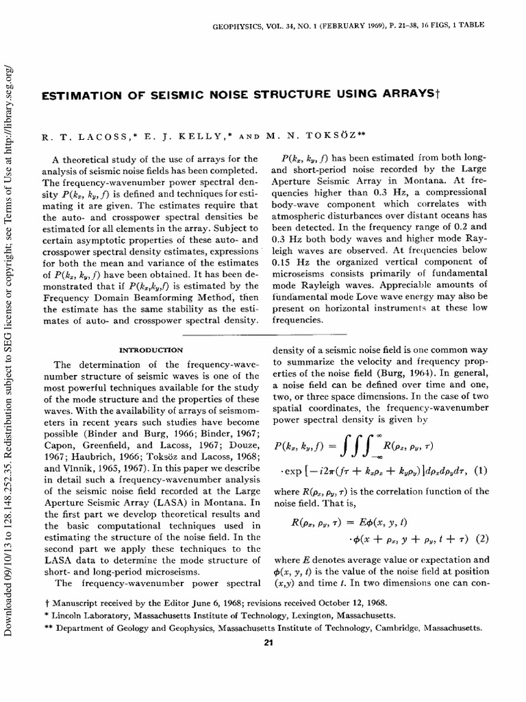 (1969) Lacoss Et Al. Estimation of Seismic Noise Structure Using Arrays | Download Free PDF ...