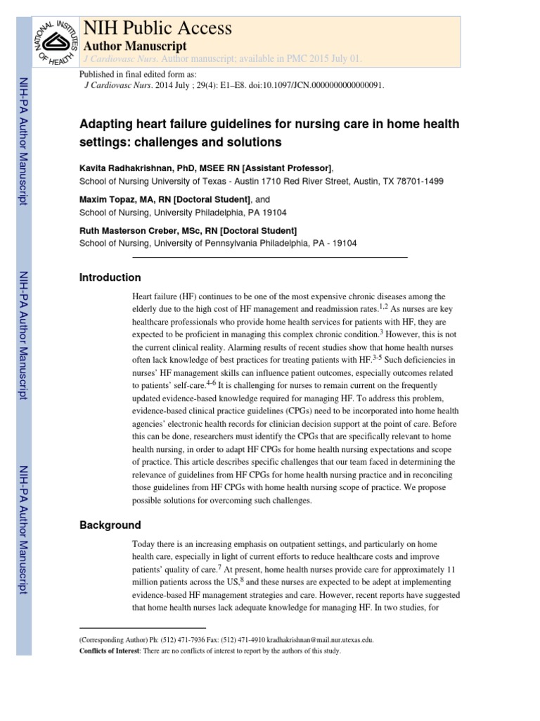 NIH Public Access: Adapting Heart Failure Guidelines For Nursing Care ...