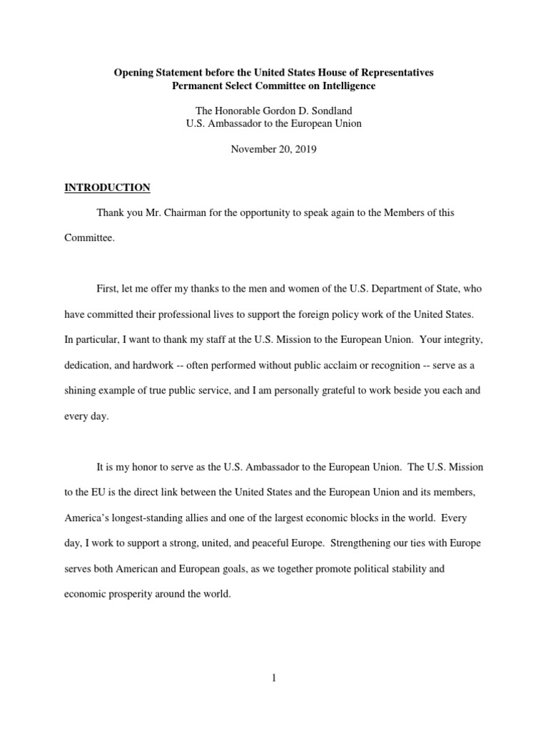 Gordon Sondland's Testimony | PDF | Rudy Giuliani | Mike Pompeo