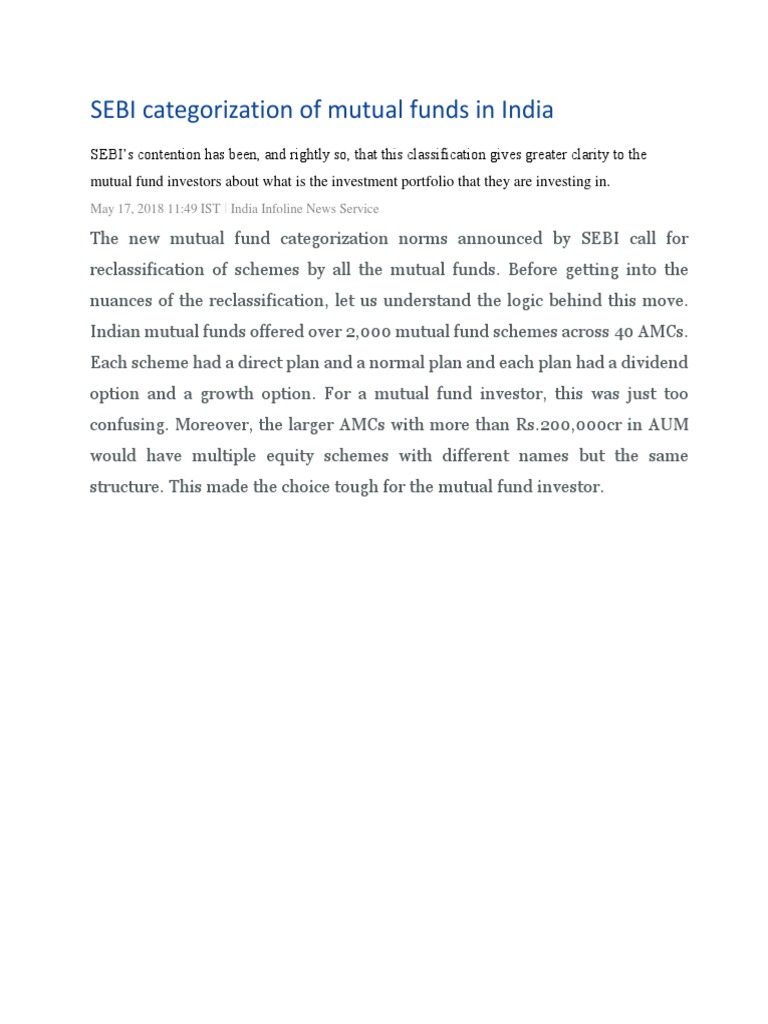SEBI Categorization of Mutual Funds in India | PDF | Mutual Funds ...
