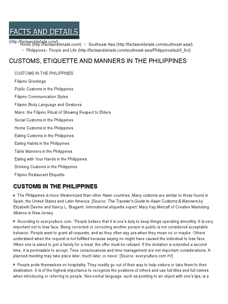 Customs, Etiquette and Manners in The Philippines - Facts and Details ...