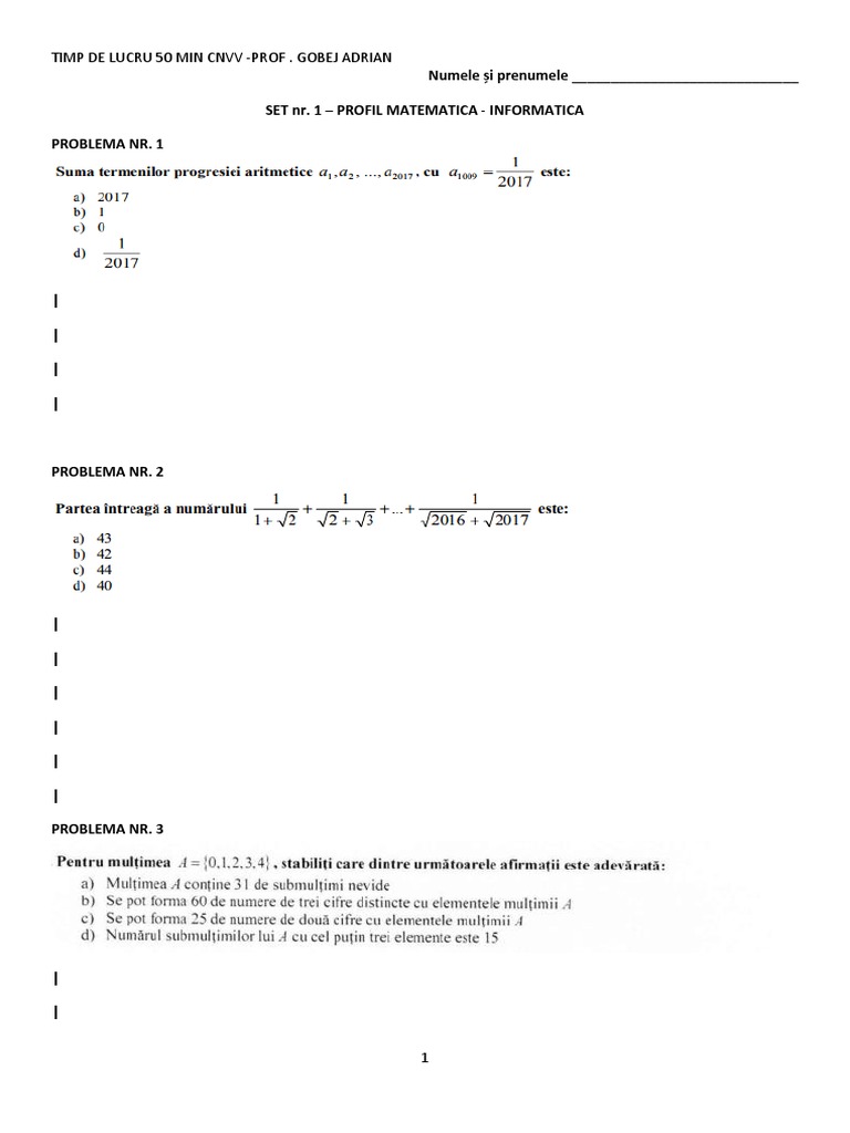 Numele Și Prenumele - Set Nr. 1 - Profil Matematica - Informatica ...