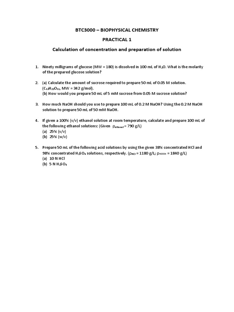 Biophysical Chemistry Solution Calculations | PDF