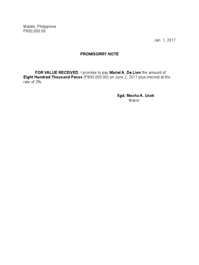 Malate, Philippines P800,000.00 Jan. 1, 2017: Promisorry Note | PDF
