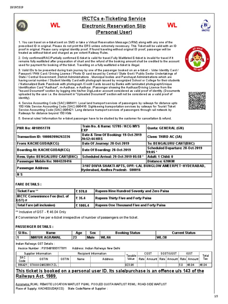 WL WL: Irctcs E-Ticketing Service Electronic Reservation Slip (Personal ...