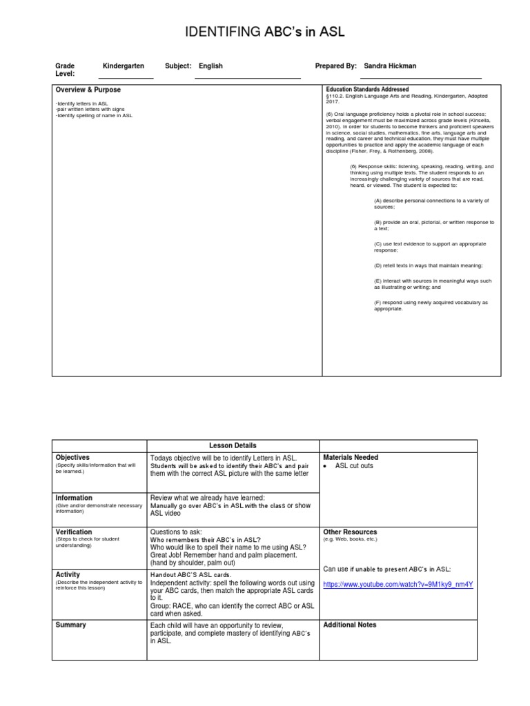 Asl Lesson Plan | PDF | American Sign Language | English Language