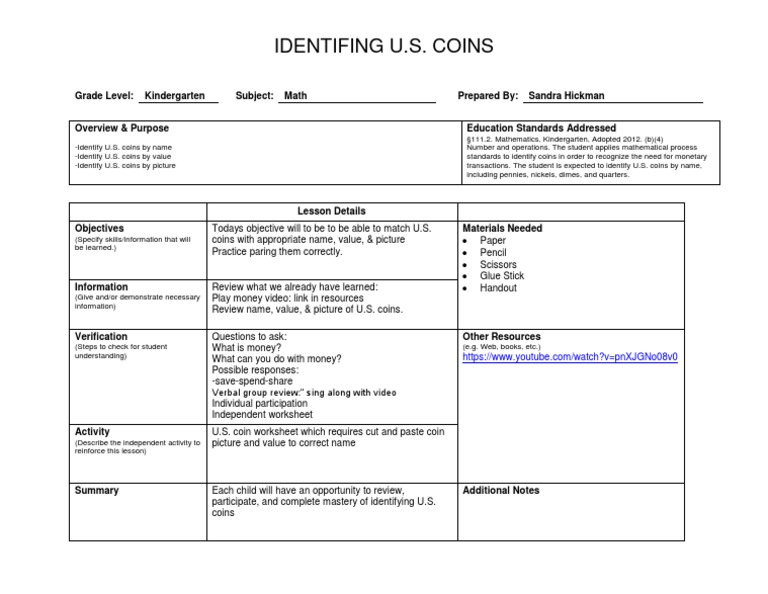Lesson Plan Coins | PDF | Coins | Worksheet