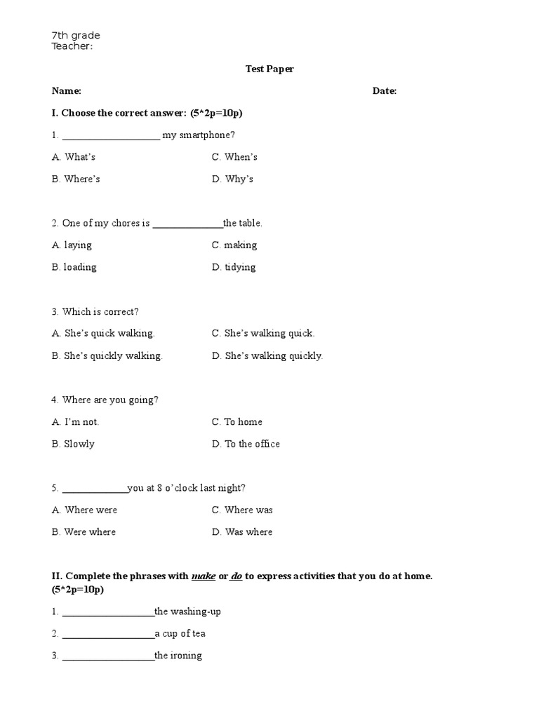 7th Grade Test Paper - Choose Answers, Complete Phrases, Replace Parts ...
