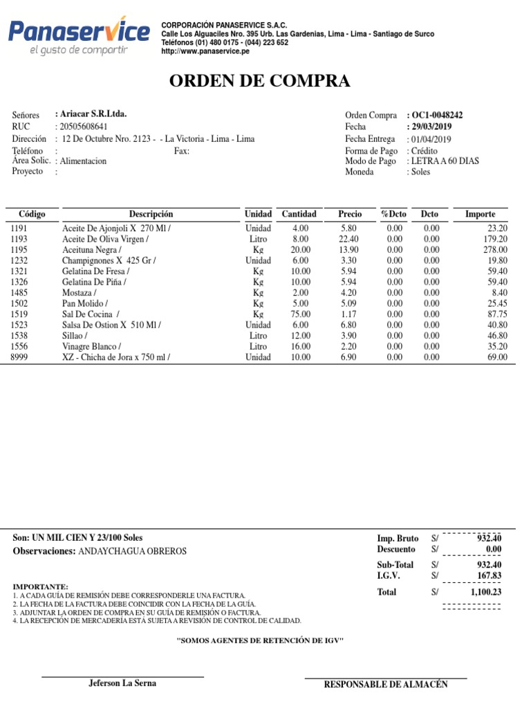 Orden de Compra Modelo | PDF | Ingredientes de comida | Cocinando