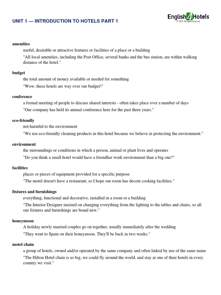 English For Hotels - Unit 1 Vocabulary | PDF | Motel | Hotel
