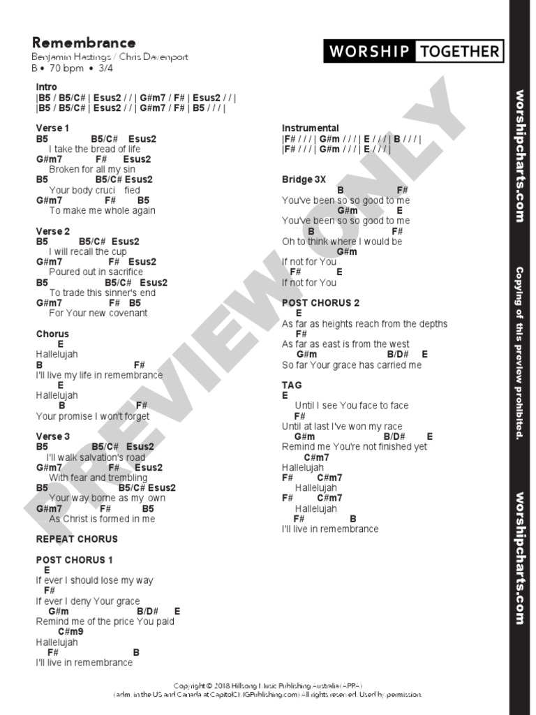 Remembrance Hillsong Chord Chart Preview | PDF
