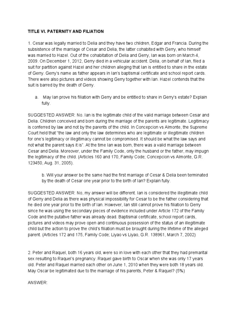 Title Vi. Paternity and Filiation | PDF | Legal Guardian | Legitimacy ...