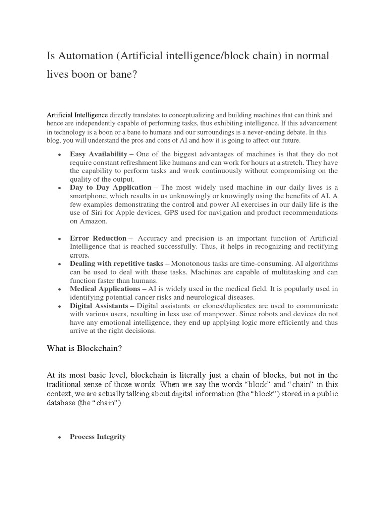 Is Automation (Artificial Intelligence/block Chain) in Normal Lives Boon or Bane? | PDF ...