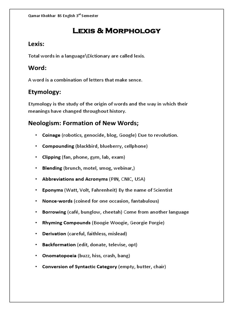 Lexis and Morphology | PDF | Part Of Speech | Word