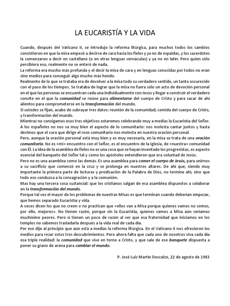 La Eucaristía y La Vida (José Luis Martín Descalzo) | PDF | eucaristía ...