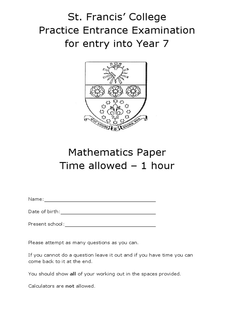 St. Francis' College Practice Entrance Examination For Entry Into Year ...