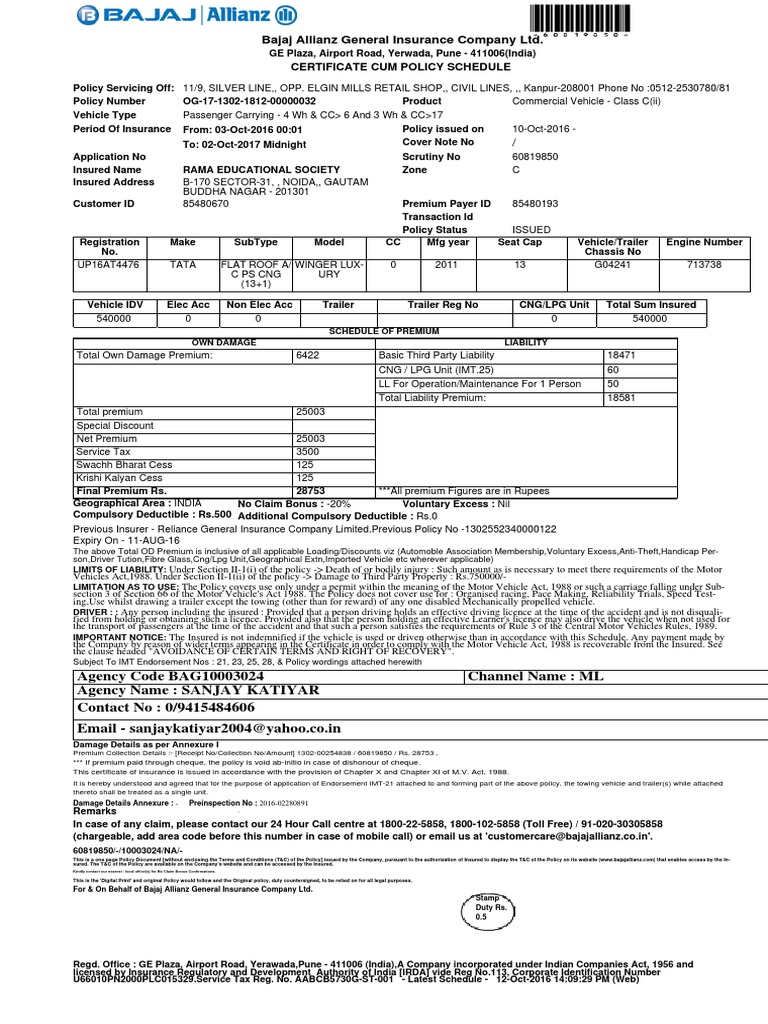 Bajaj Allianz General Insurance Company LTD | PDF | Deductible | Insurance