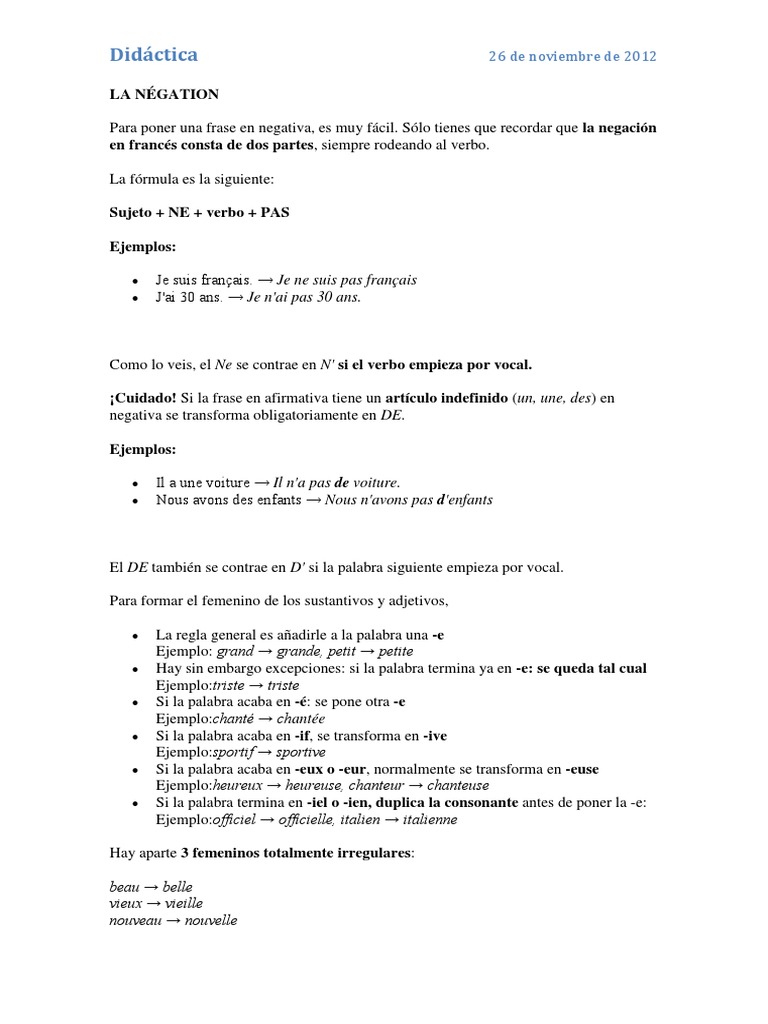 Negación en francés: Ejemplos y ejercicios | PDF | Semántica | Gramática