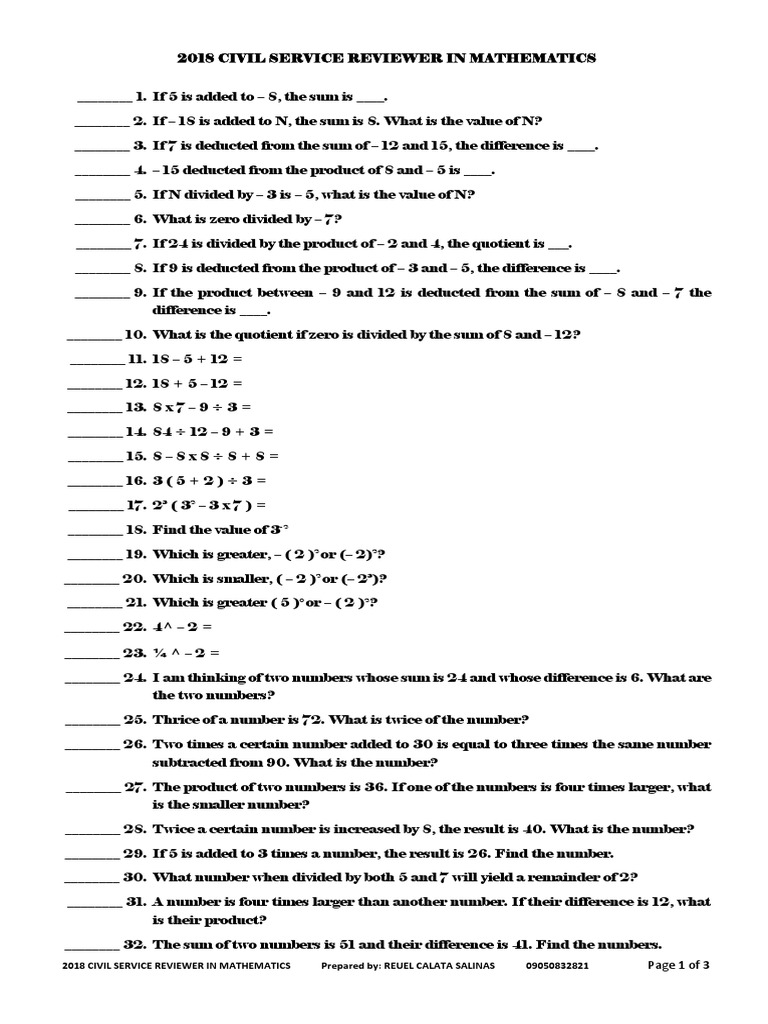 2018 Civil Service Examinations Reviewer in Mathematics | PDF ...