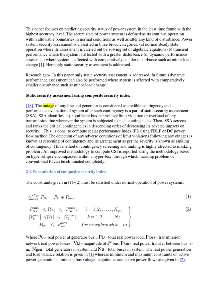 Static Security Assessment Using Composite Security Index: P P P V P N N | PDF | Computational ...