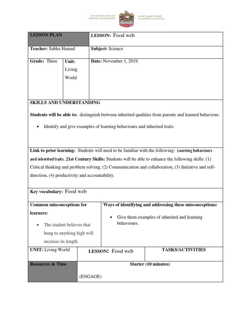 Lesson Plan Food Web | PDF | Lesson Plan | Vocabulary
