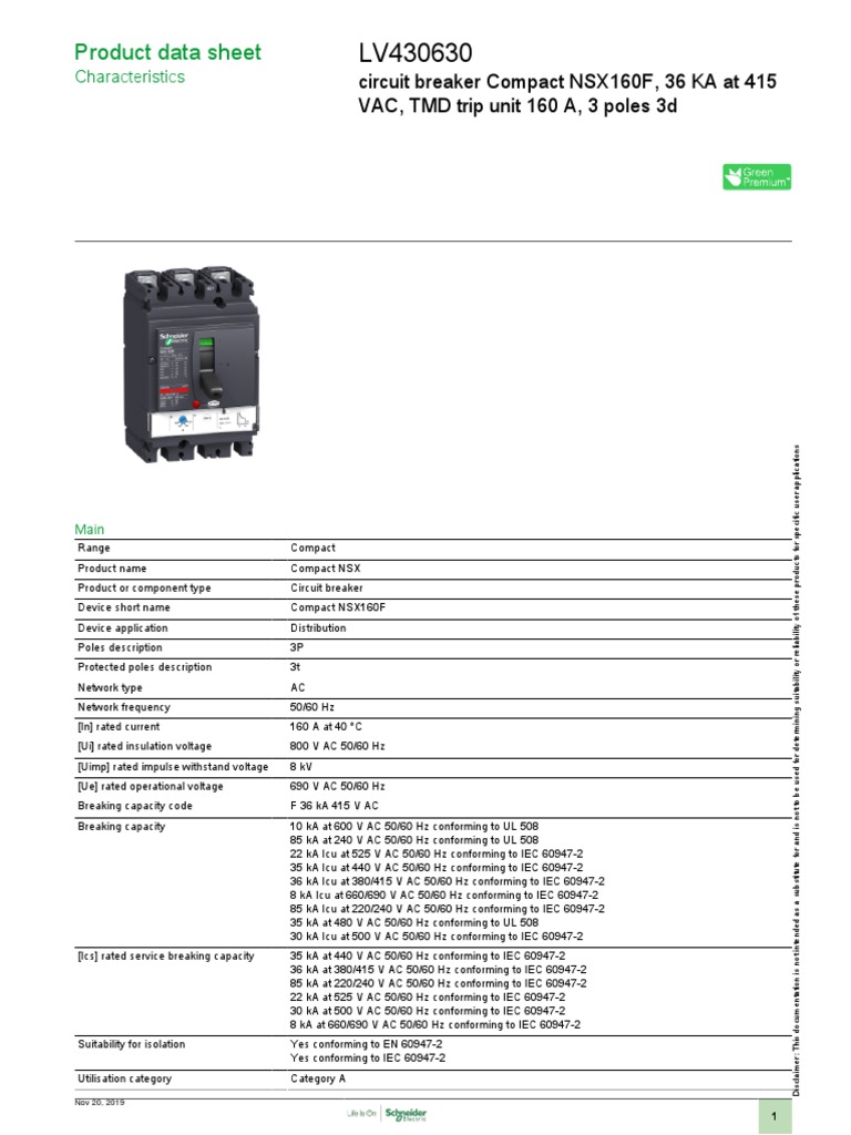 Product Data Sheet: Circuit Breaker Compact NSX160F, 36 KA at 415 VAC ...